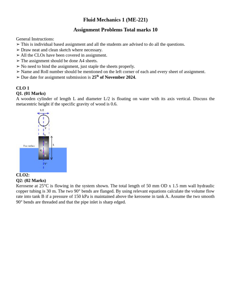 Fluid Mechanics Assignment 2024 | PDF