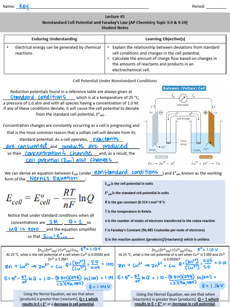 Nonstandard Cell Potential & Faraday's Law | PDF | Electrochemistry ...