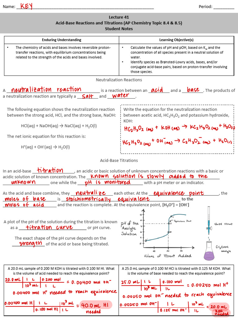 KEY Student Notes Lecture 41 Acid-Base Reactions and Titrations | PDF ...