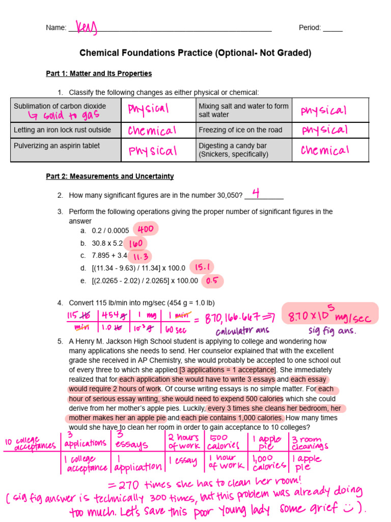 KEY Chemical Foundations Practice (Optional - Not Graded) | PDF ...