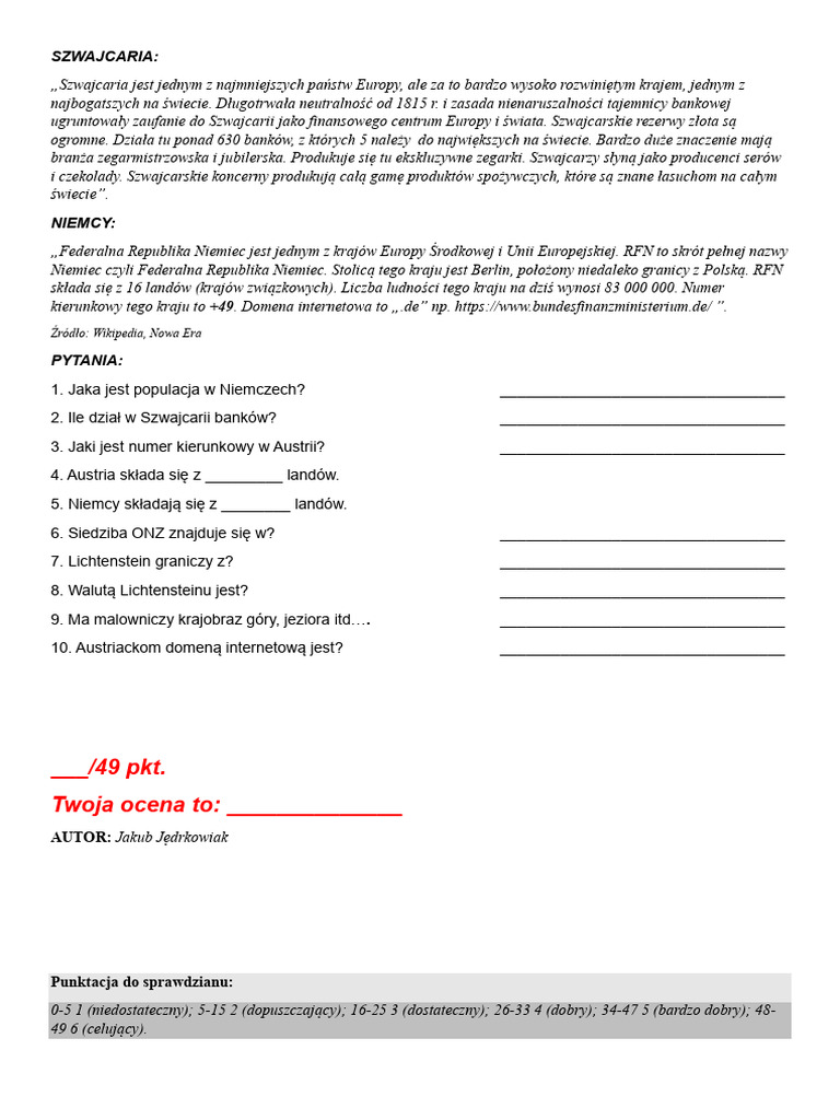 49 Pkt. Twoja Ocena To: - : Szwajcaria | PDF