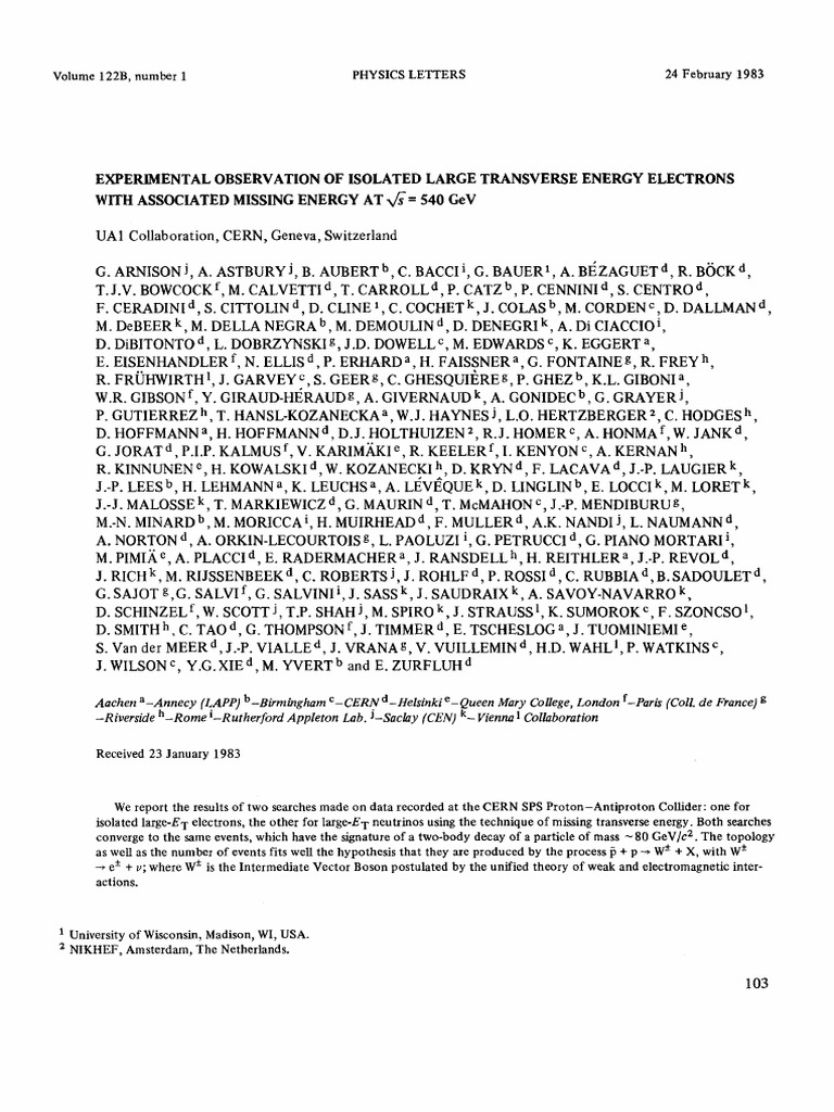 W PhysLettB.122 | PDF | Electron | Electronvolt