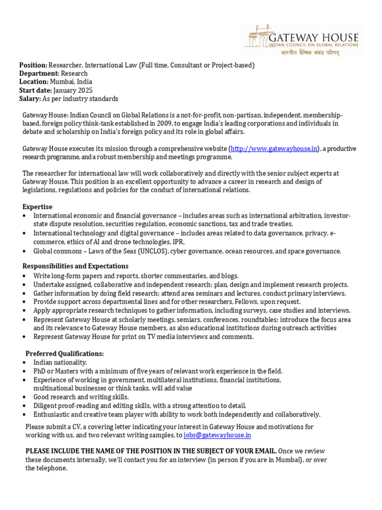 Researcher Position in International Law | PDF | International Law ...
