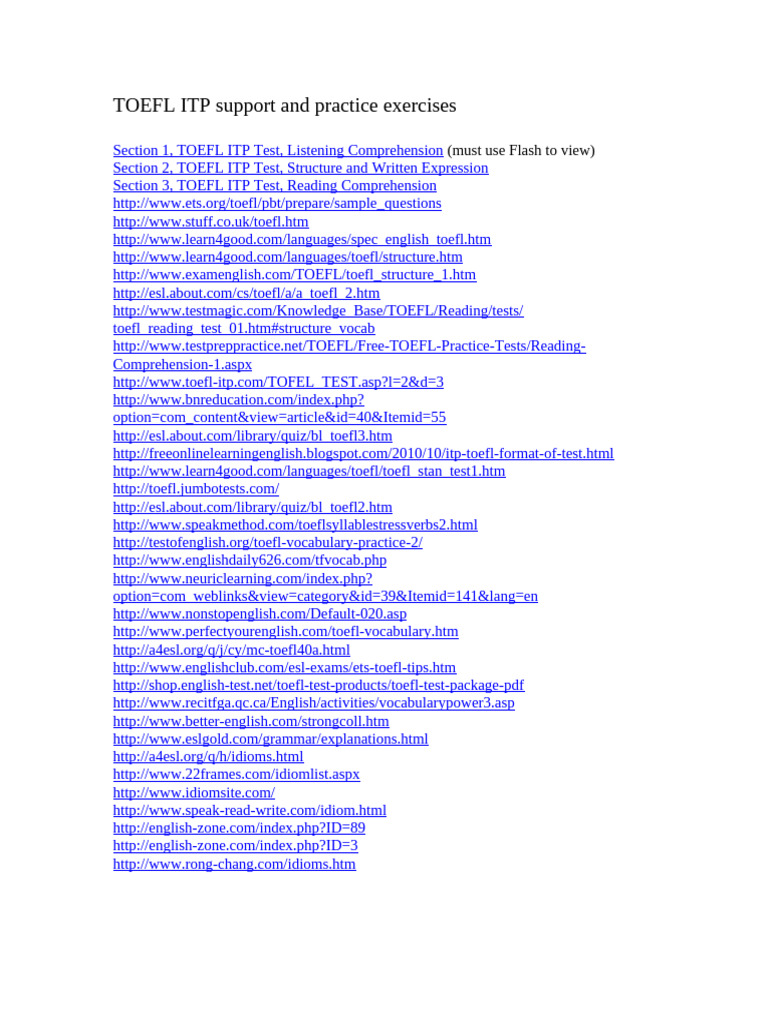 TOEFL ITP Internet Links For Practice Exercises | PDF