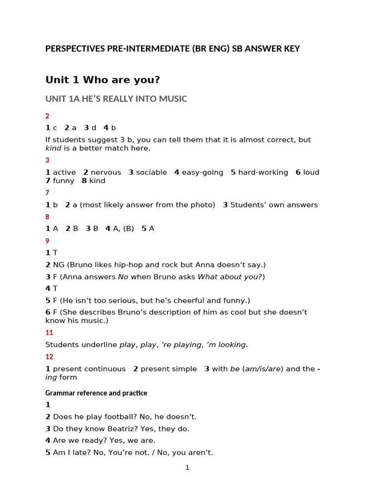 Perspectives Pre-Intermediate Answer Key | PDF