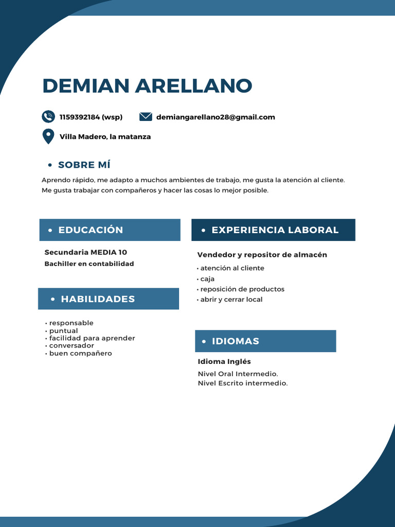 Curriculum CV de Hombre Profesional Con Foto Moderno Azul | PDF