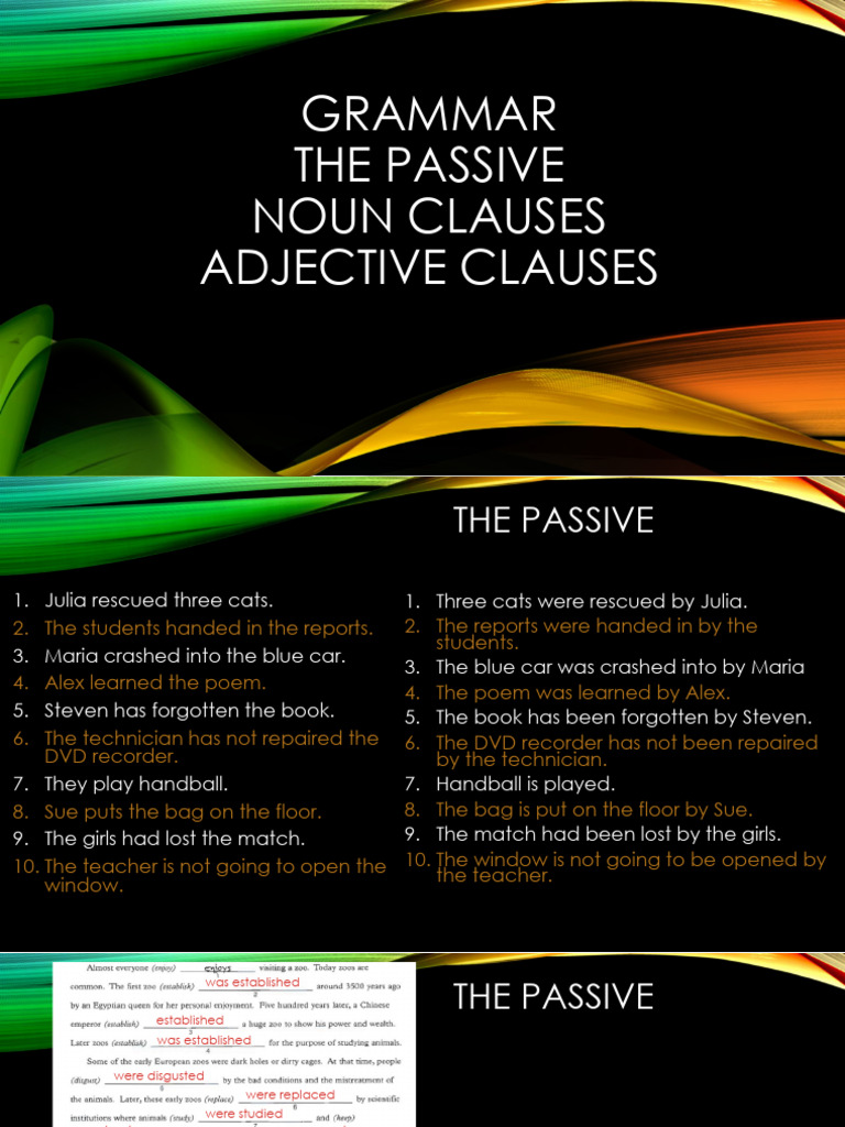 Grammar The Passive - Noun Clauses - Adjective Clauses | PDF | Clause ...