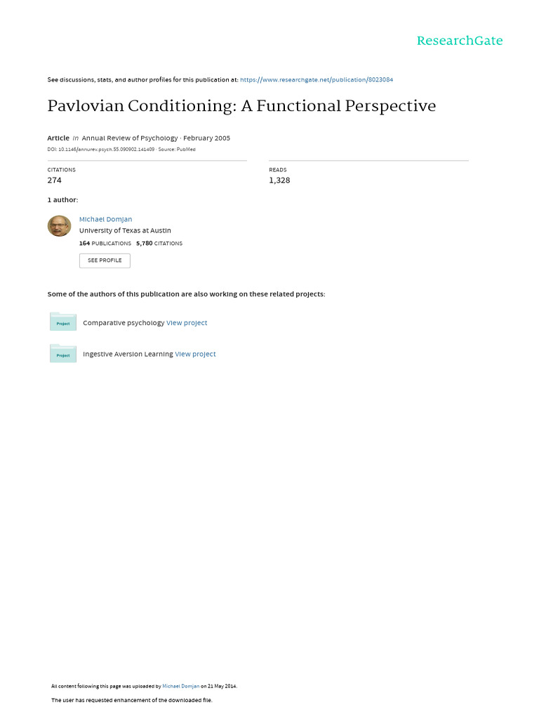 Domjan 1 | PDF | Classical Conditioning | Learning