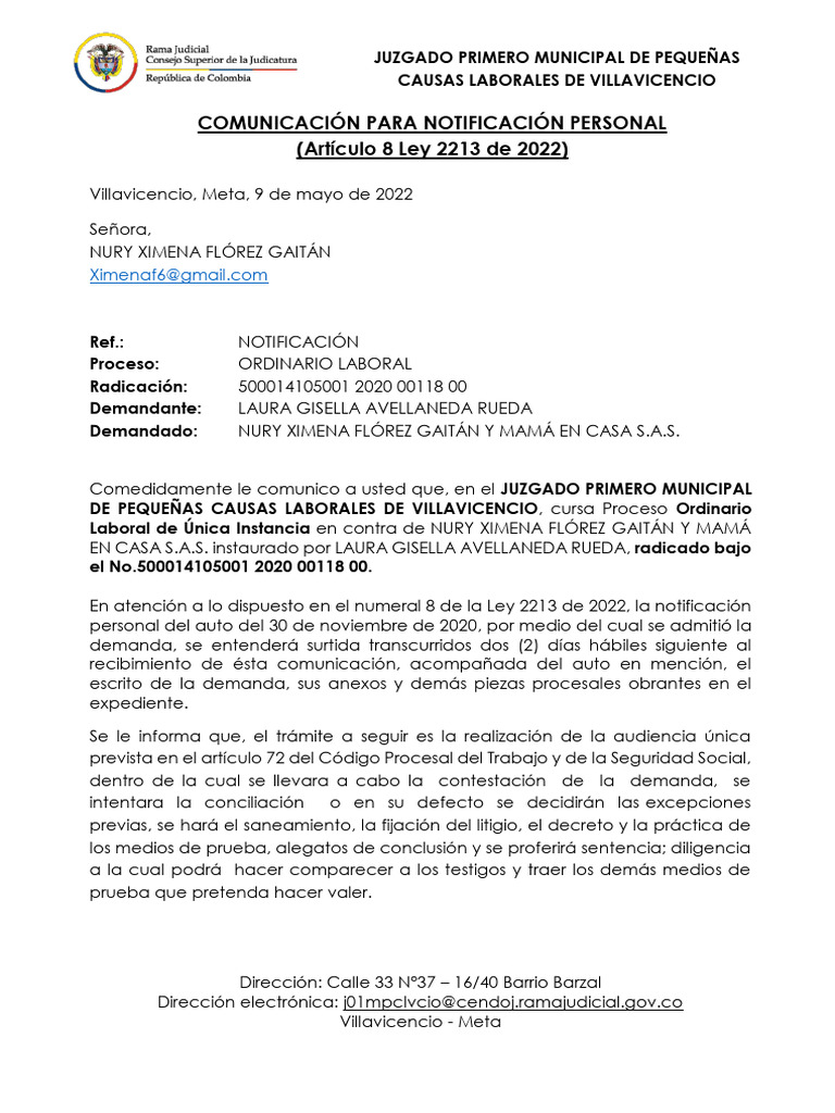 MODELO NOTIFICACIÓN PROCESO ORDINARIO LEY 2213 DE 2022 | PDF | Separación de poderes | Ley Pública