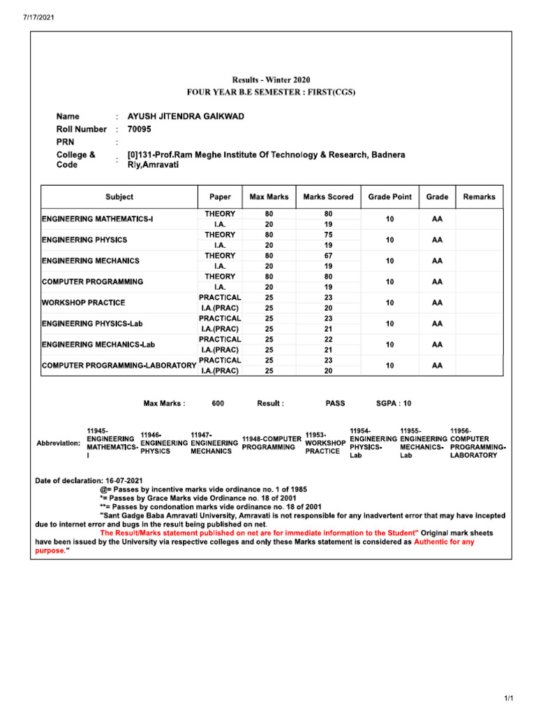 SGBAU 1st Sem Result | PDF