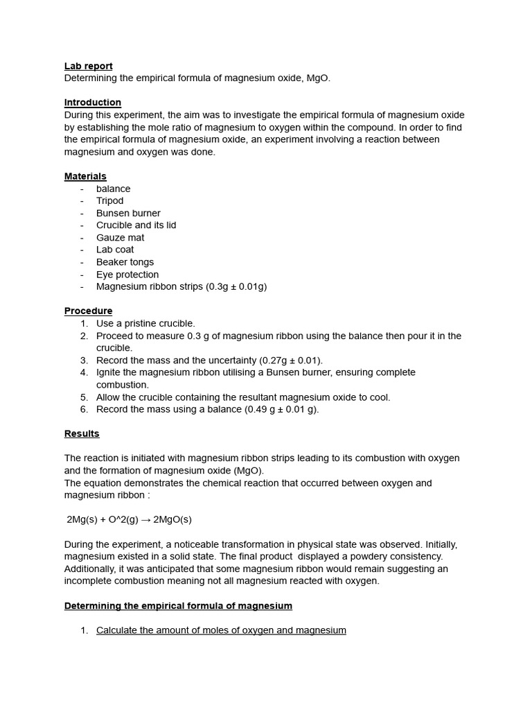 Lab report chem | PDF | Magnesium | Combustion
