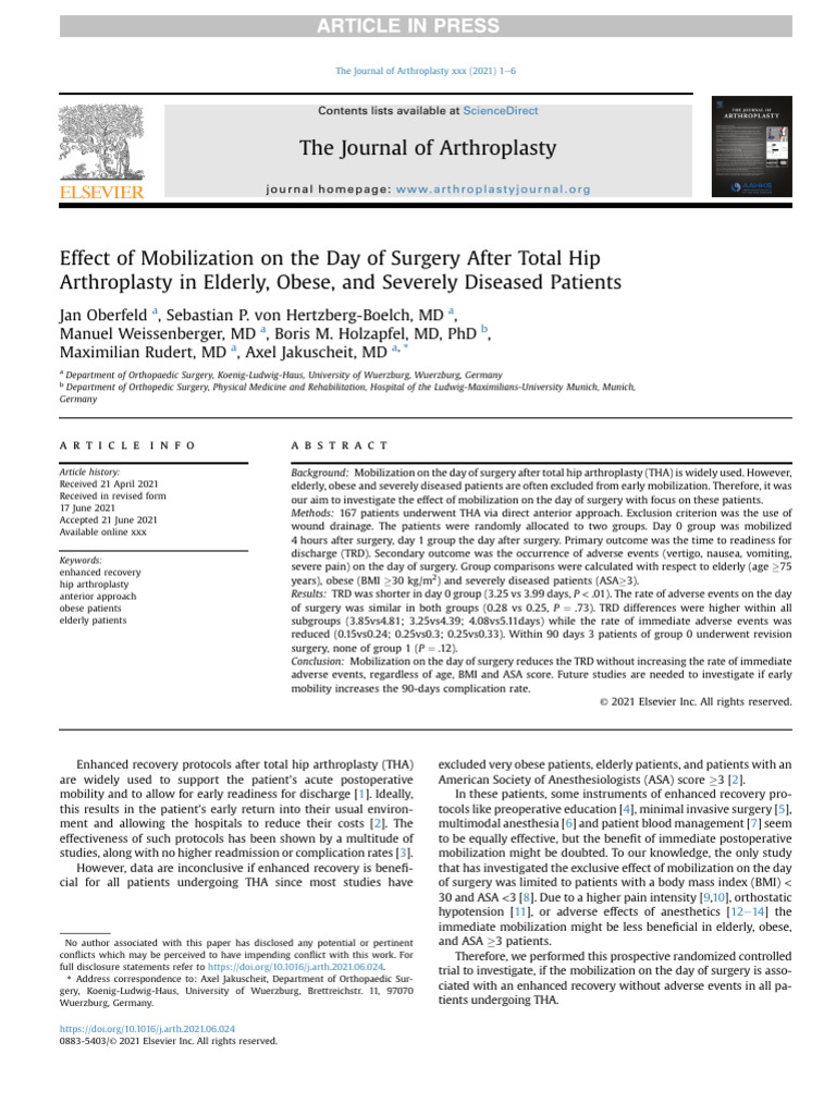 Effect of Mobilization On The Day of Surgery After Total Hip | PDF ...