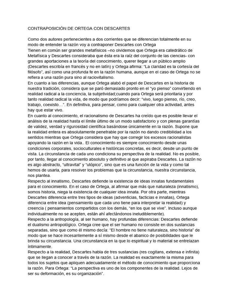 Contraposición de Ortega Con Descartes y Actualidad | PDF | René ...