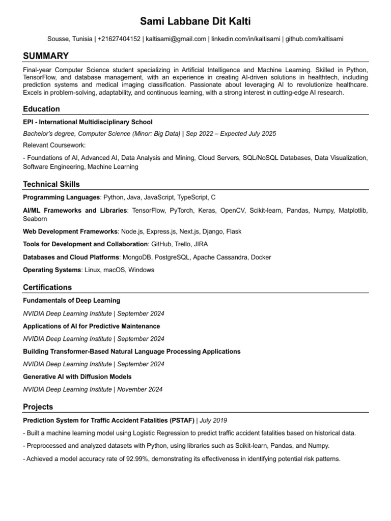Sami Labbane Dit Kalti Resume | PDF | Machine Learning | Artificial Intelligence