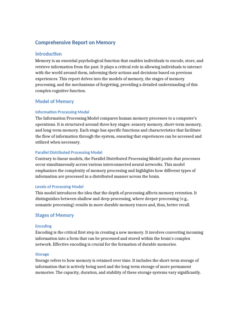 Comprehensive Report On Memory | PDF | Memory | Recall (Memory)