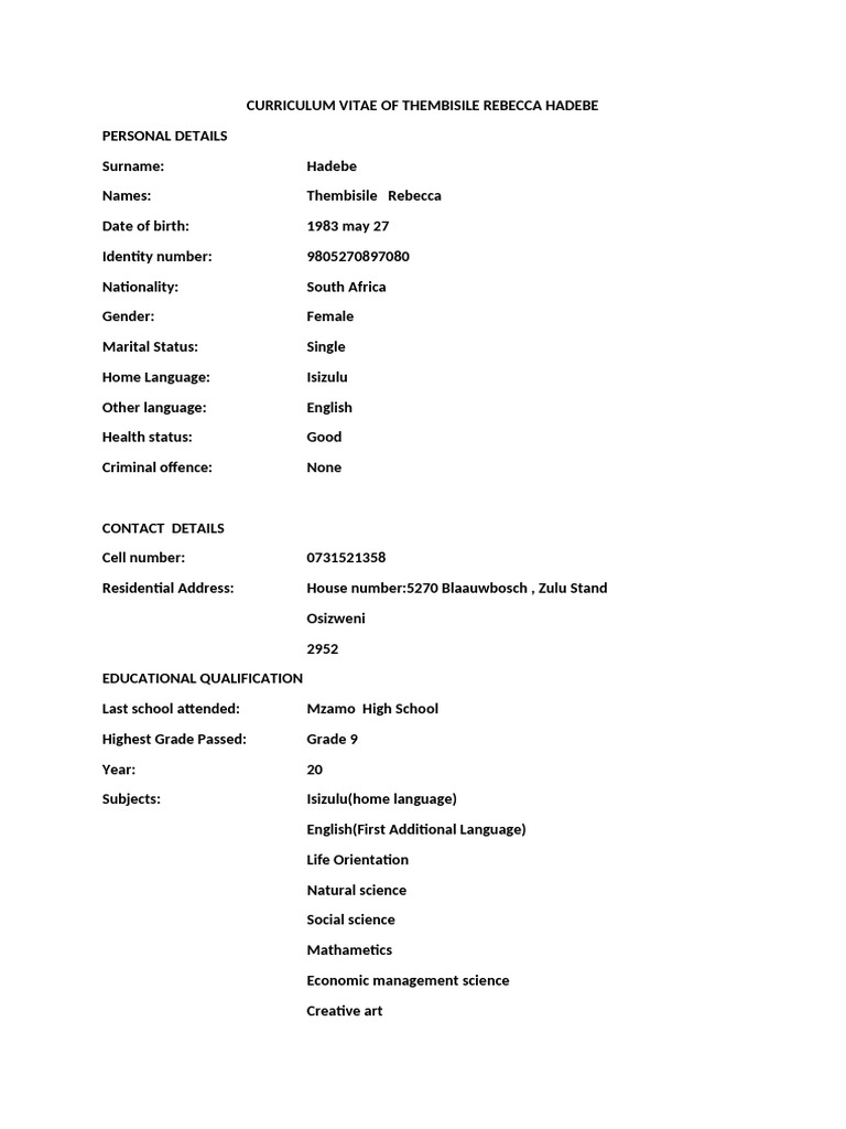Thembisile Hadebe CV: Contact & Experience | PDF