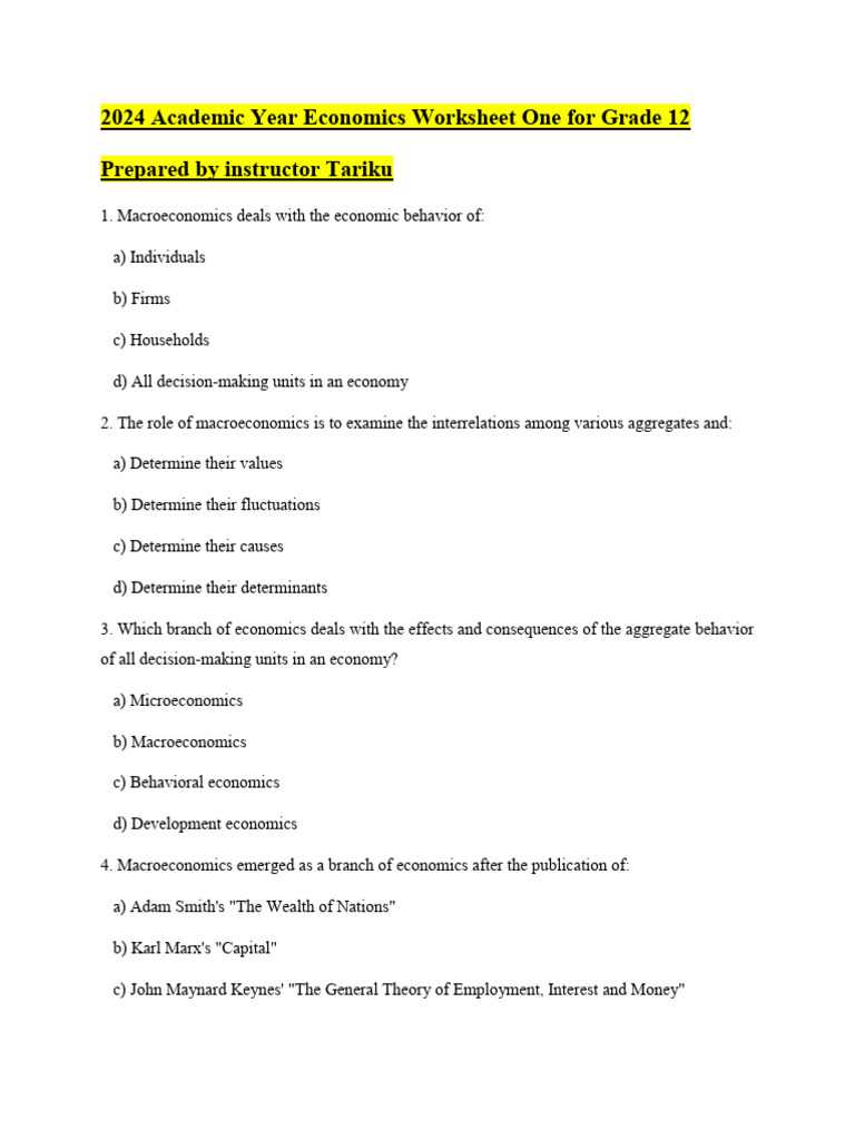 Grade 12 Macroeconomics Worksheet 2024 | PDF | Cost Of Living ...