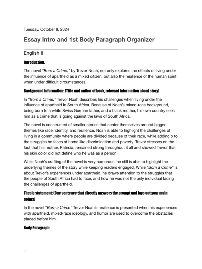 Essay Intro and 1st Body Paragraph Organizer | PDF | Politics And Race ...