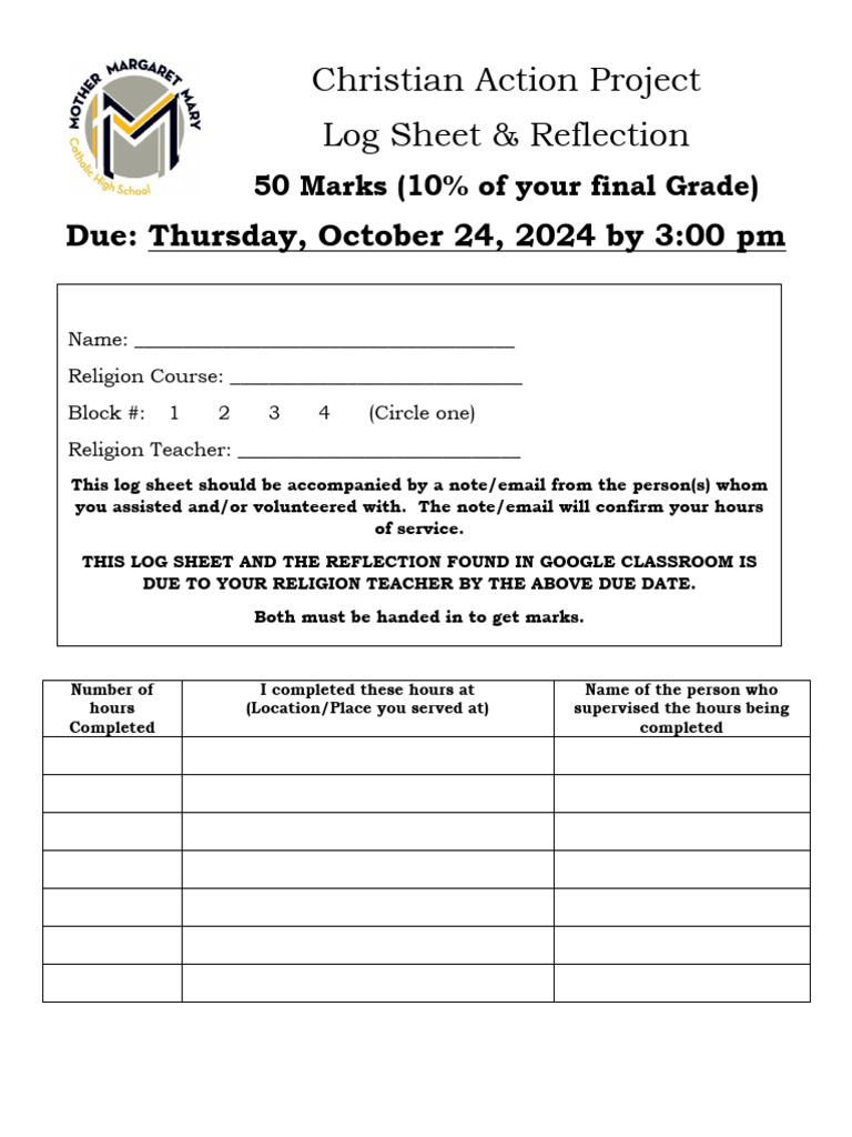 Christian Action Project Log Sheet 2024 S1-Q1 | PDF