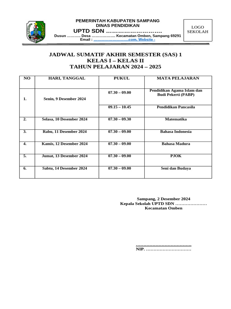 Jadwal SAS 1 Kelas I-VI 2024-2025 | PDF