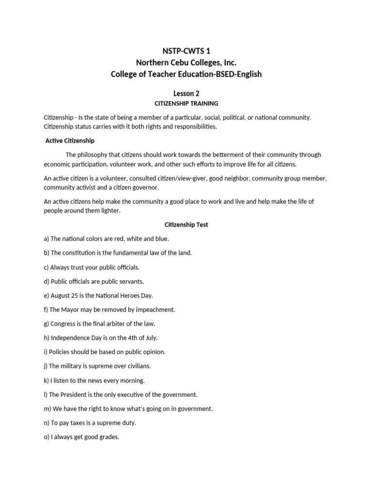 NSTP-CWTS 1 Reading Materials | PDF | Naturalization | Citizenship
