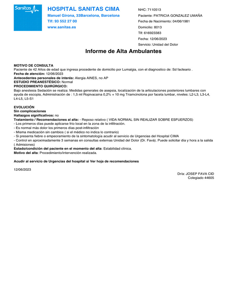 Informe de Alta por Lumalgia y Tratamiento | PDF