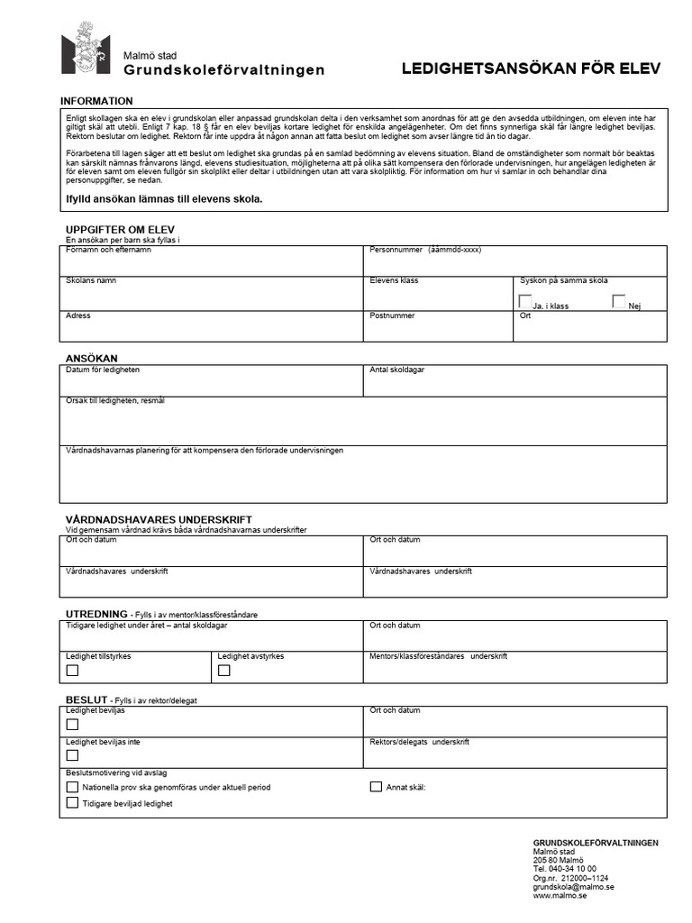 Ansökan Om Ledighet | PDF