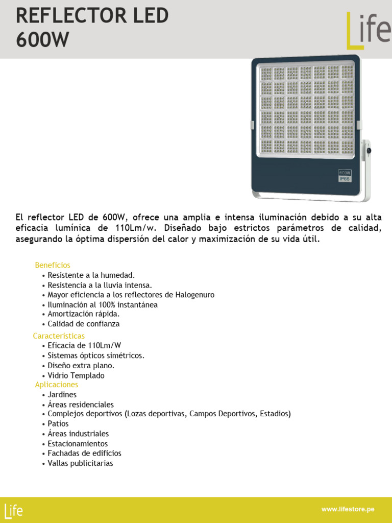 Reflector LED 600W: Alta Eficiencia y Durabilidad | PDF
