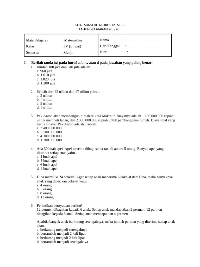 Soal SAS 1 MTK Kelas 4 FAHRI | PDF
