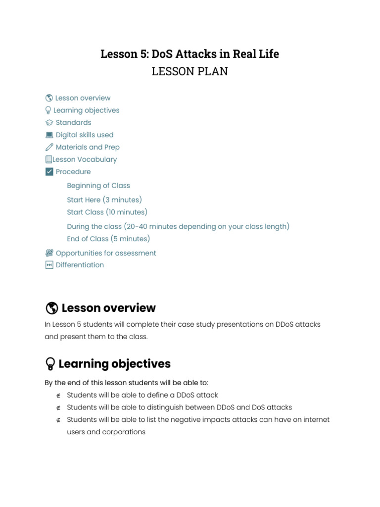 Cybersecurity Lesson Plan - Lesson 5 - DoS Attacks in Real Life | PDF ...