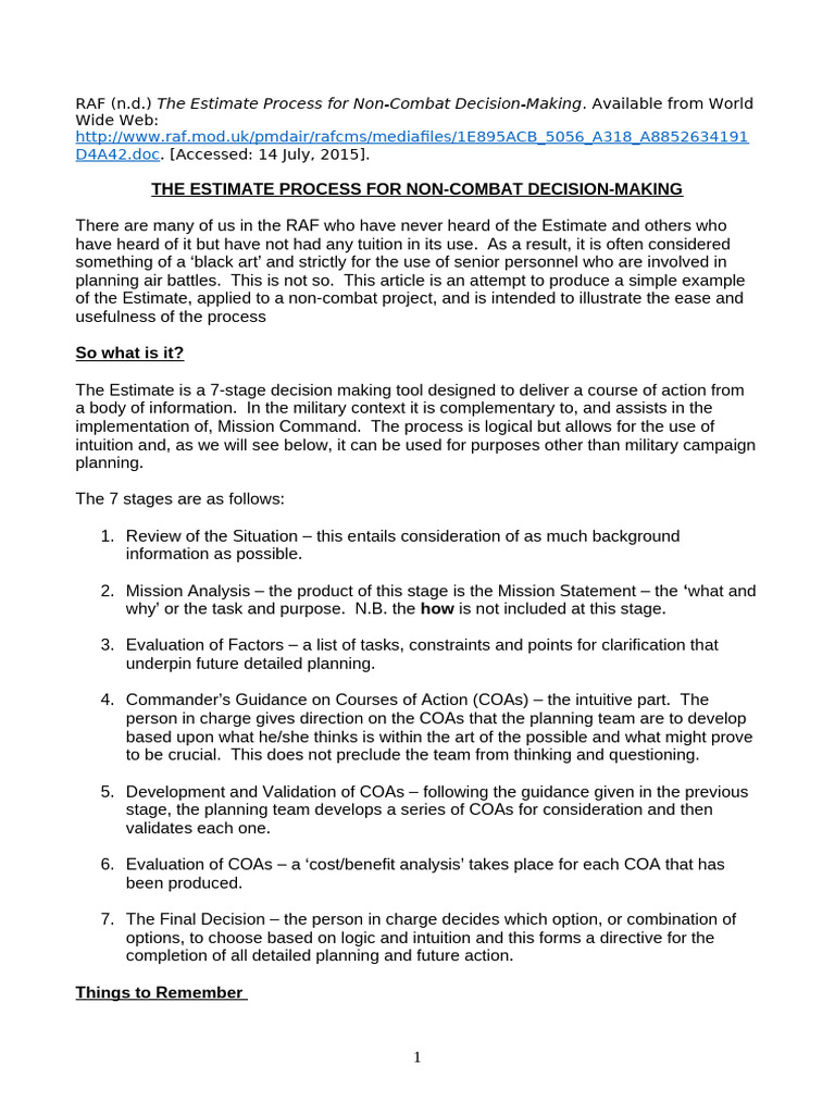 Estimate Process For Non Combat Decision Making The | PDF | Mount ...