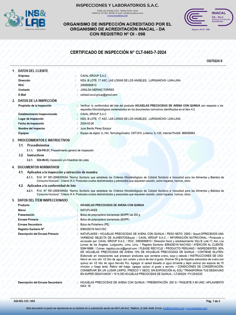 CLT-0403-7-2024-HOJUELAS DE AVENA CON QUINUA-250G | PDF
