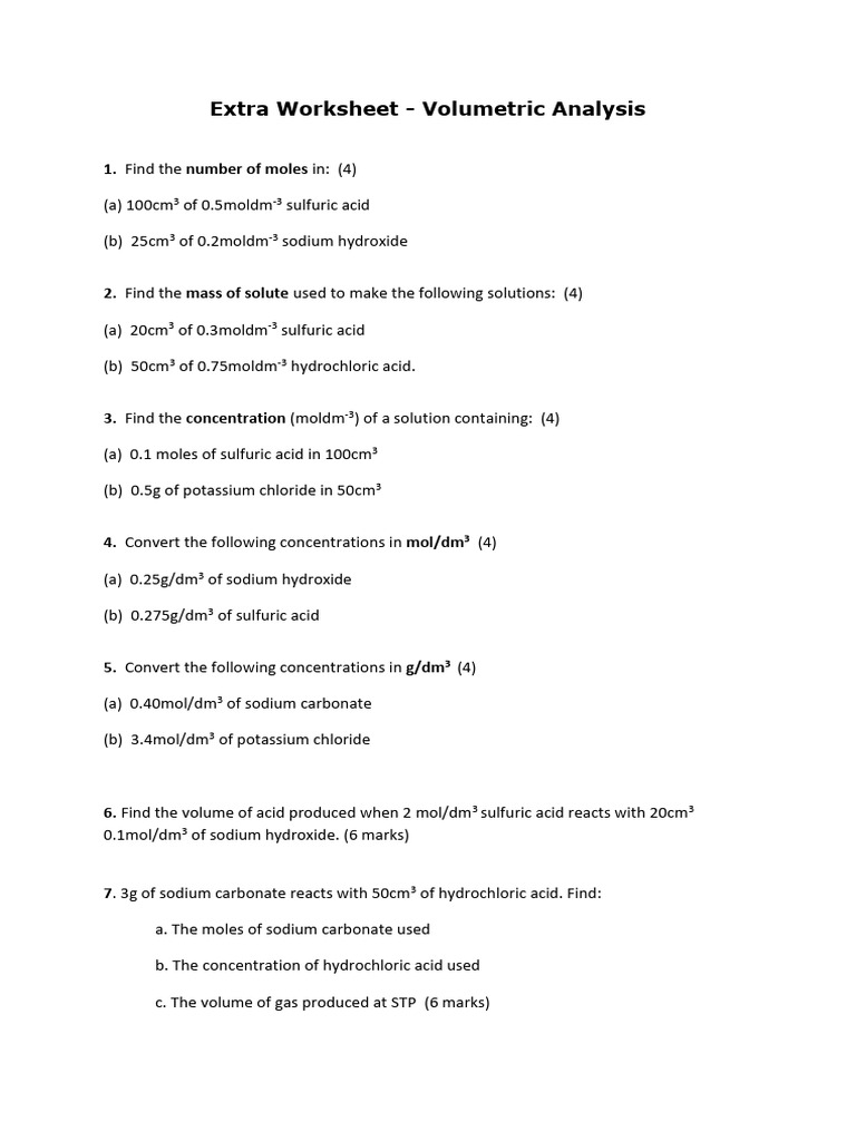Volumetric Analysis Calculations Worksheet | PDF