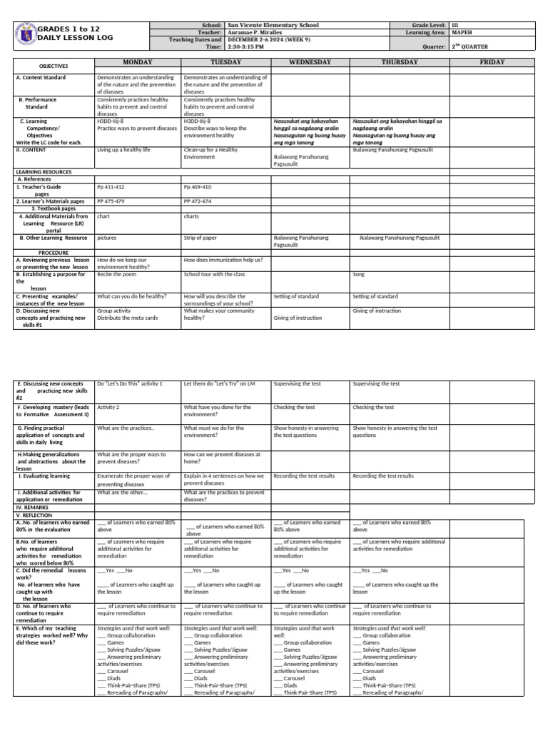 DLL_MAPEH 3_Q2_W10 | PDF | Cognition | Behavior Modification