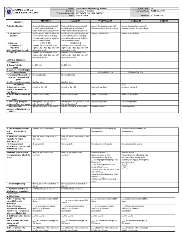 DLL - Mathematics 3 - Q2 - W10 | PDF | Learning | Cognition