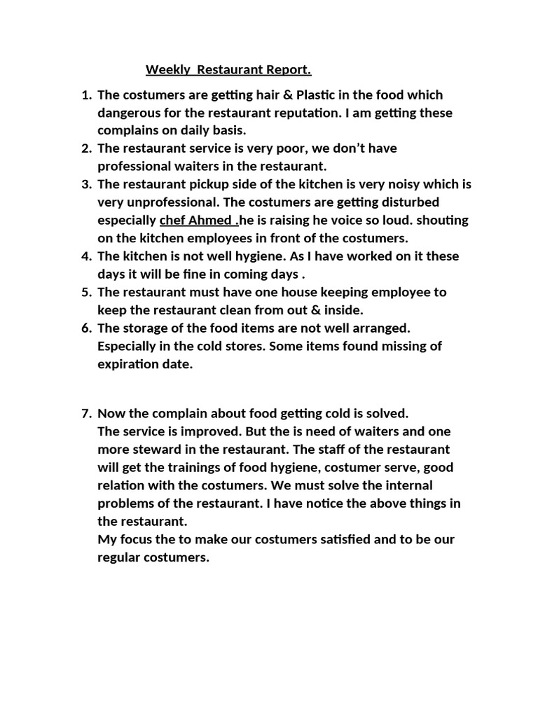 Weekly Restaurant Report | PDF