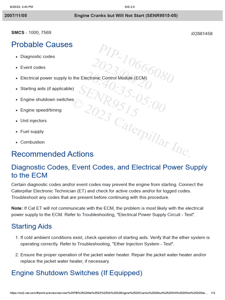 3196 Engine Cranks But Will Not Start | PDF | Engines | Fuel Injection