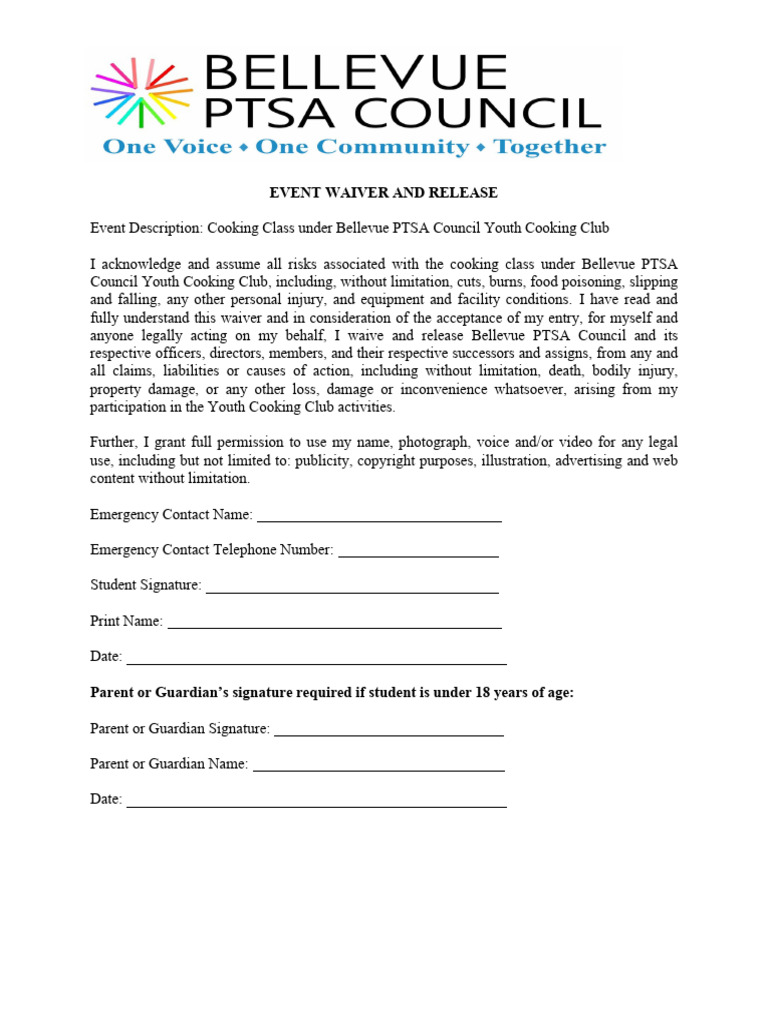 Youth Cooking Club Waiver and Release Form | PDF