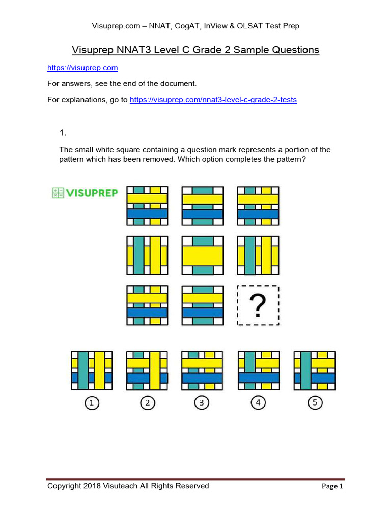 Visuprep NNAT3 Level C Grade 2 Sample Questions | PDF