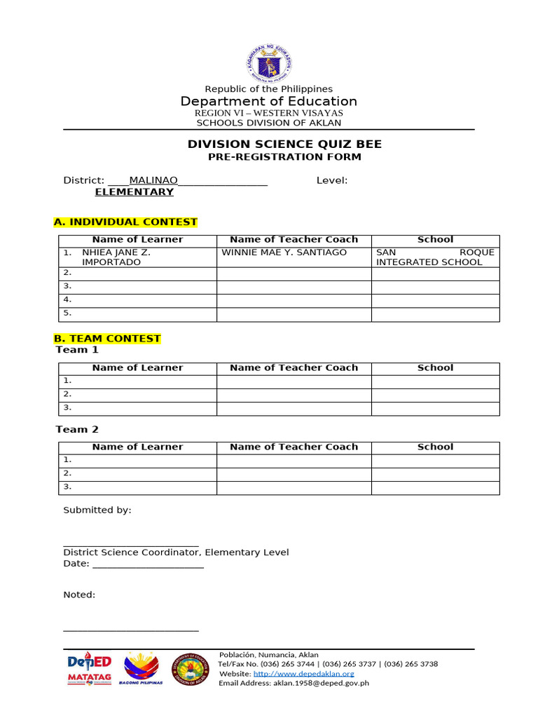 Pre Reg Form - Quiz Bee | PDF | Teaching