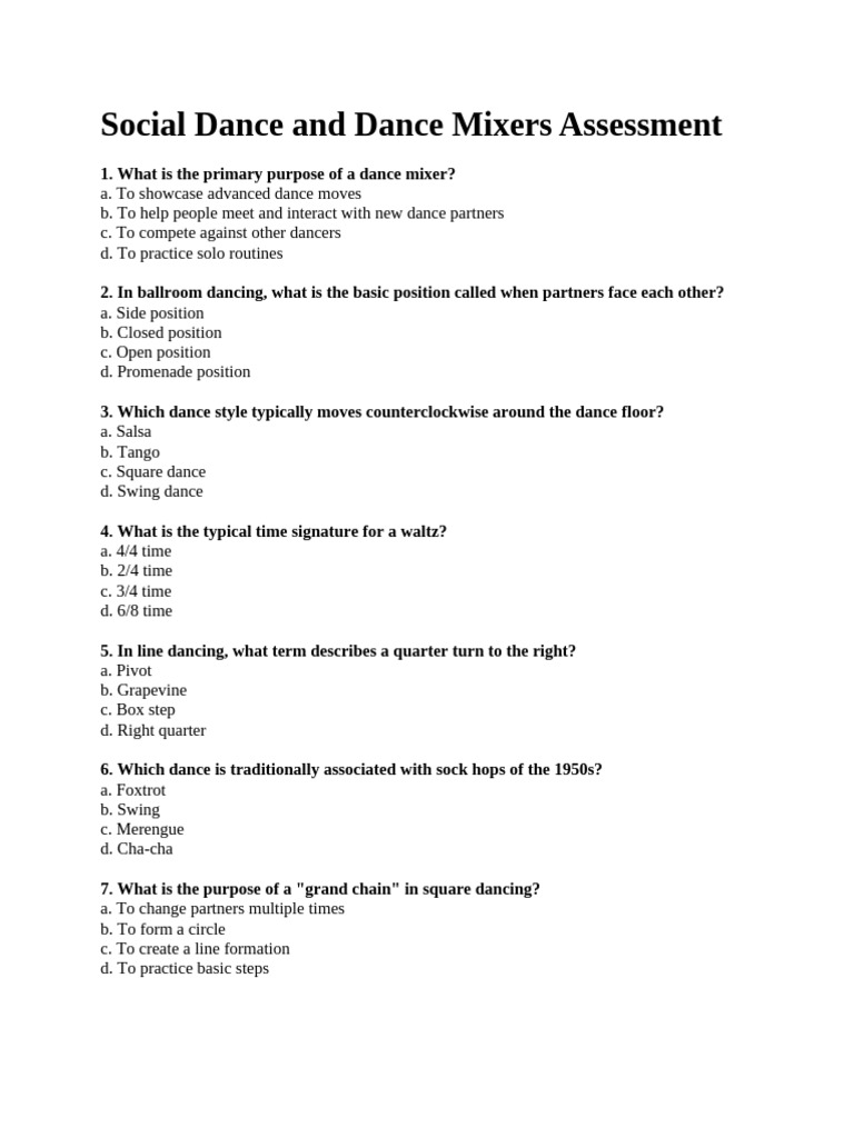 Social Dance and Dance Mixers Assessment | PDF | Dances | Ballroom Dance