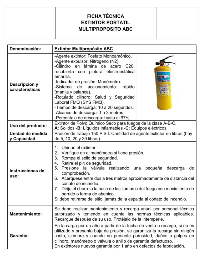 Ficha Técnica Extintor Multipropósito ABC | PDF | Materiales