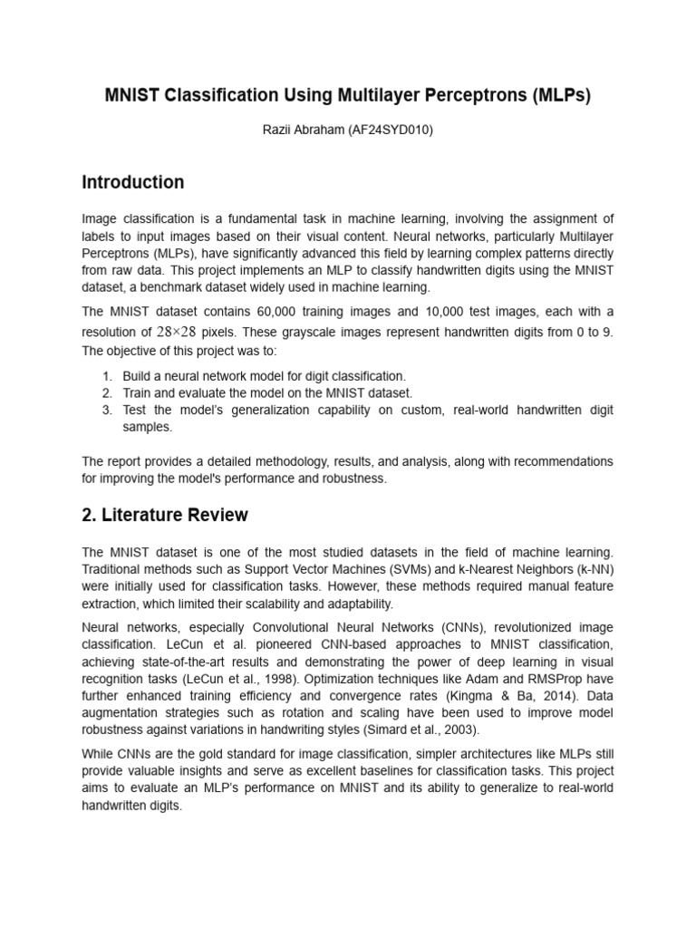 Razii Abraham - AF24SYD010 - MNIST Classification Using Multilayer Perceptrons (MLPs) | PDF ...