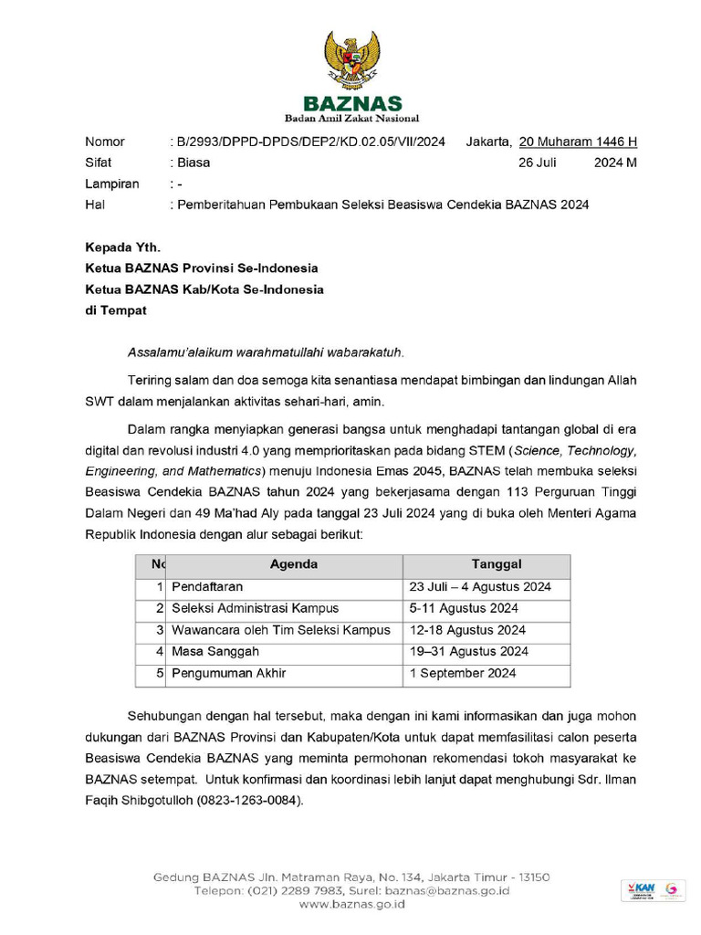 2993-PIMN-SSA-Pemberitahuan Pembukaan Seleksi Beasiswa Cendekia BAZNAS ...