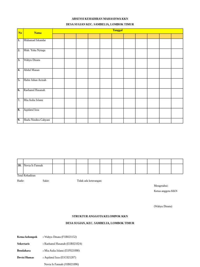 Absensi Kehadiran Mahasiswa KKN | PDF