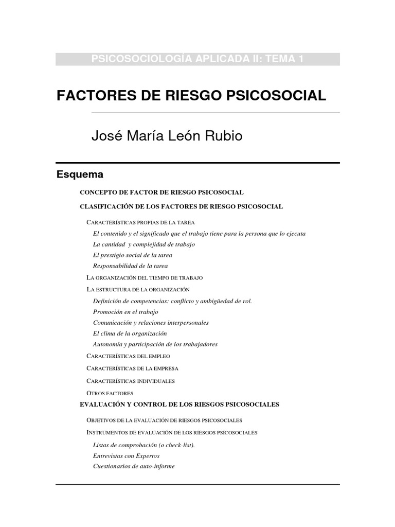 Tema 1_factores de riesgo psicosocial | PDF | Estrés (biología) | Psicología industrial y ...