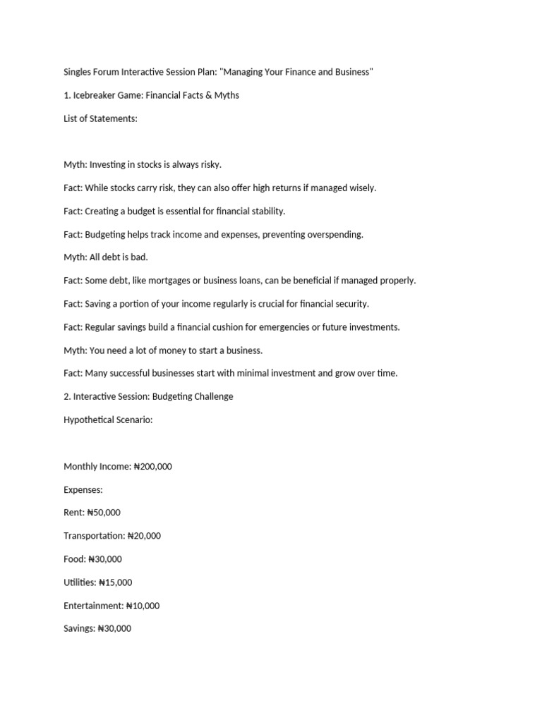 Finance & Business Workshop Plan | PDF | Investing | Expense