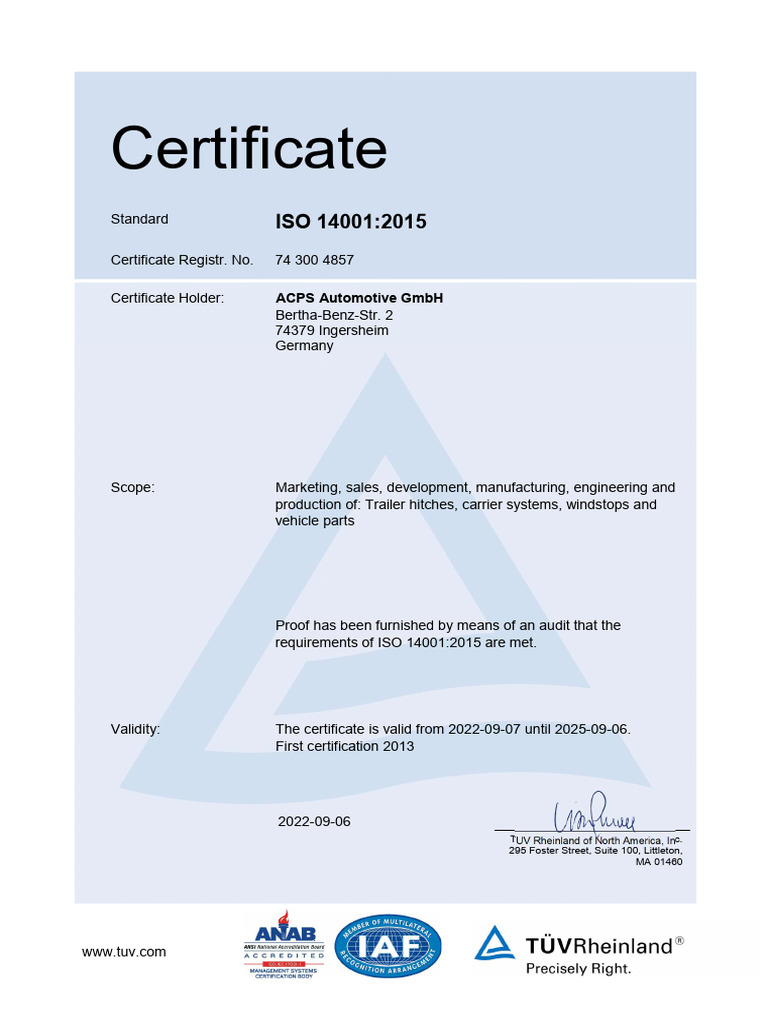 ACPS Automotive ISO 14001 Certification | PDF | Land Vehicles | Vehicles