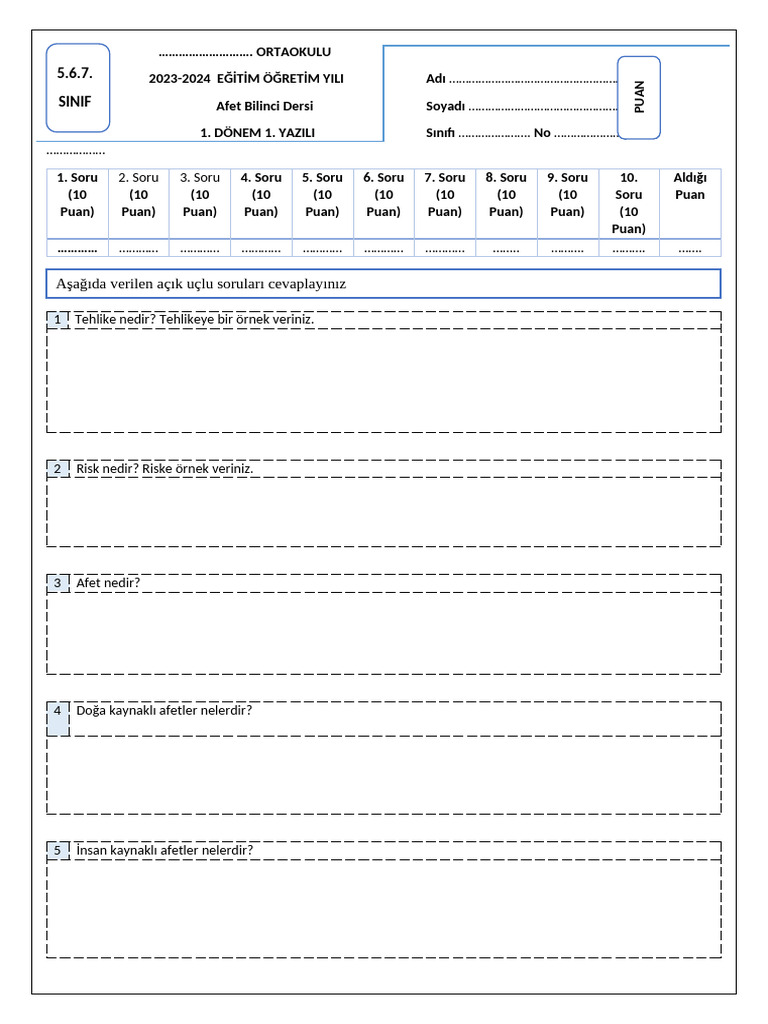 Afet Bilinci 1. Dönem 1. Yazılı | PDF