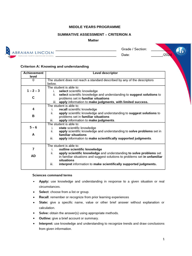 9.2. Summative Criterion A_MJ (1) | PDF | Knowledge | Science